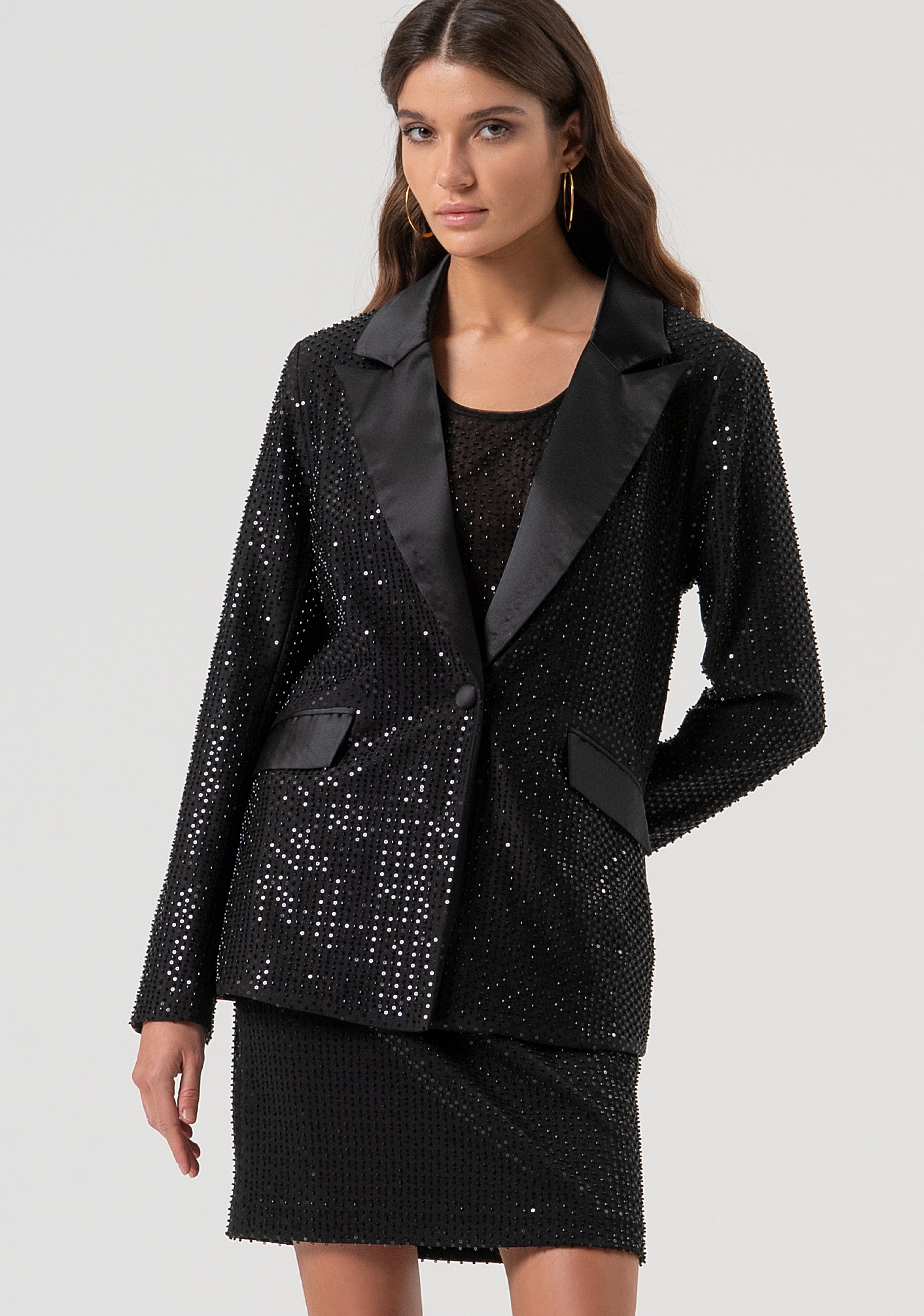 Long blazer jacket regular fit single breasted with strass ...