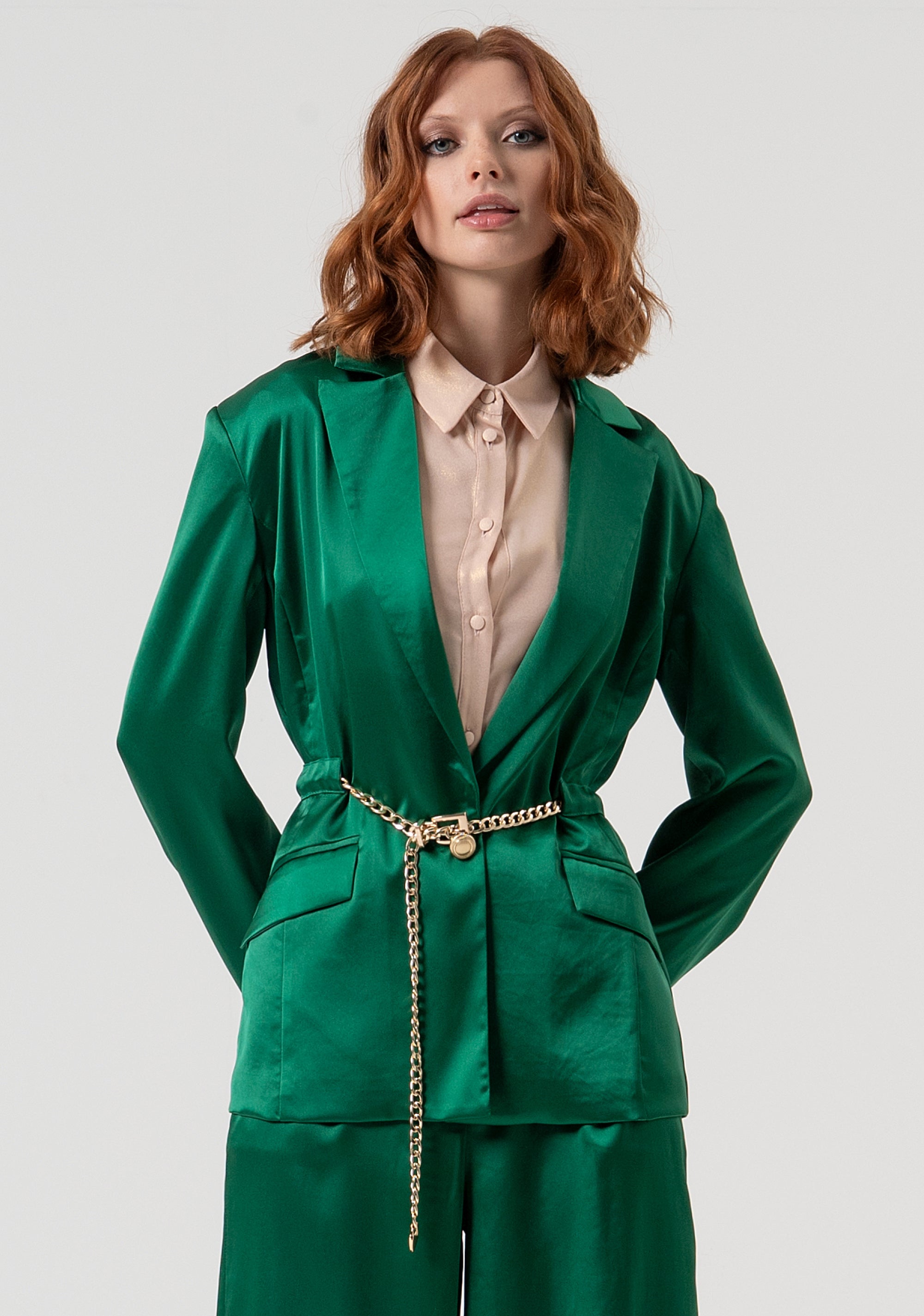Blazer jacket regular fit made in satin and with paired belt ...